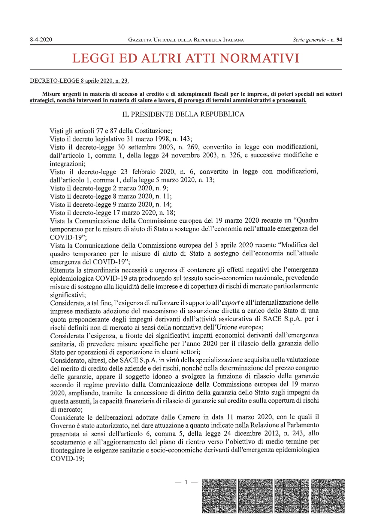 AGI - DECRETO-LEGGE 8 aprile 2020, n. 23.